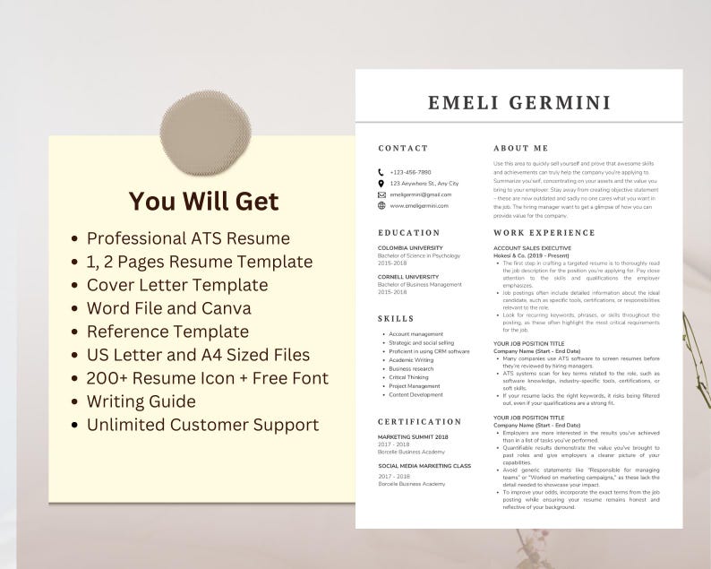 Modern ATS Resume Template | Professional CV for Word & Canva ...