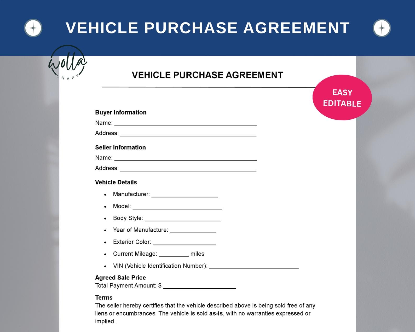 Vehicle Purchase Agreement Template | Printable Car Sale Contract ...