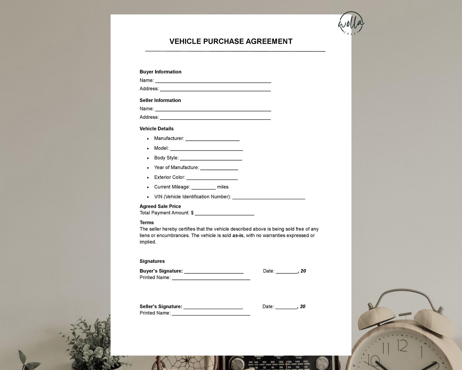 Vehicle Purchase Agreement Template | Printable Car Sale Contract ...