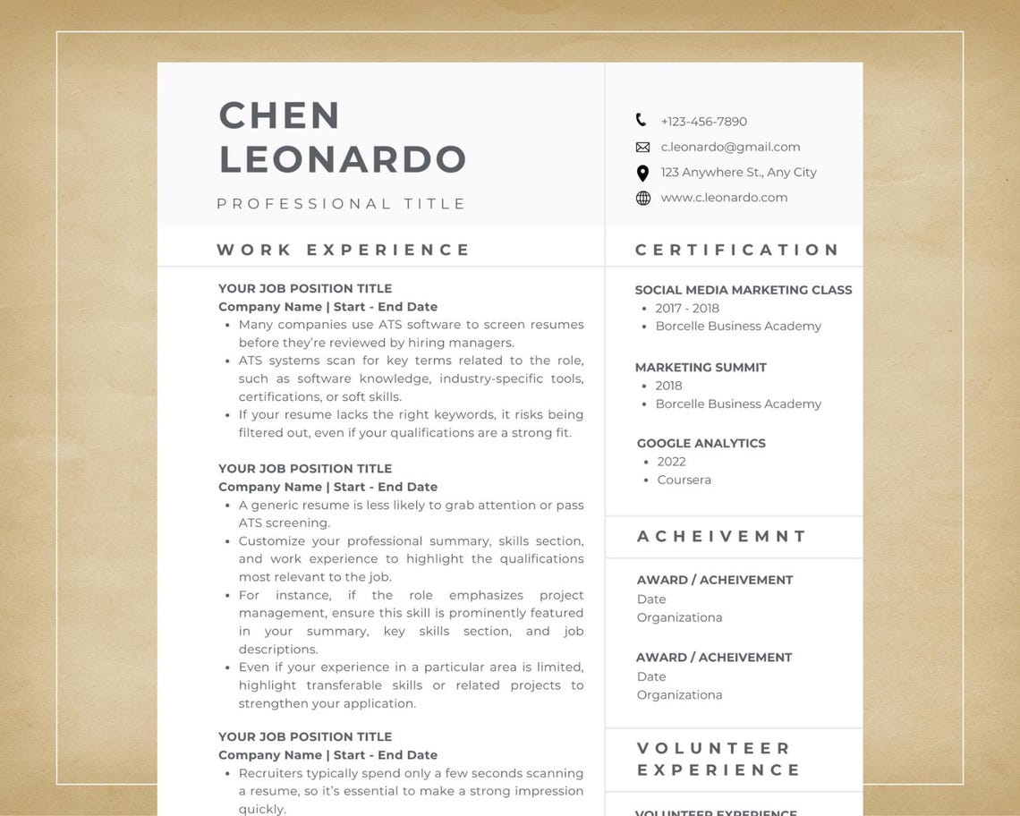 Professional Resume Template | Modern CV With Photo | Ats-optimized ...