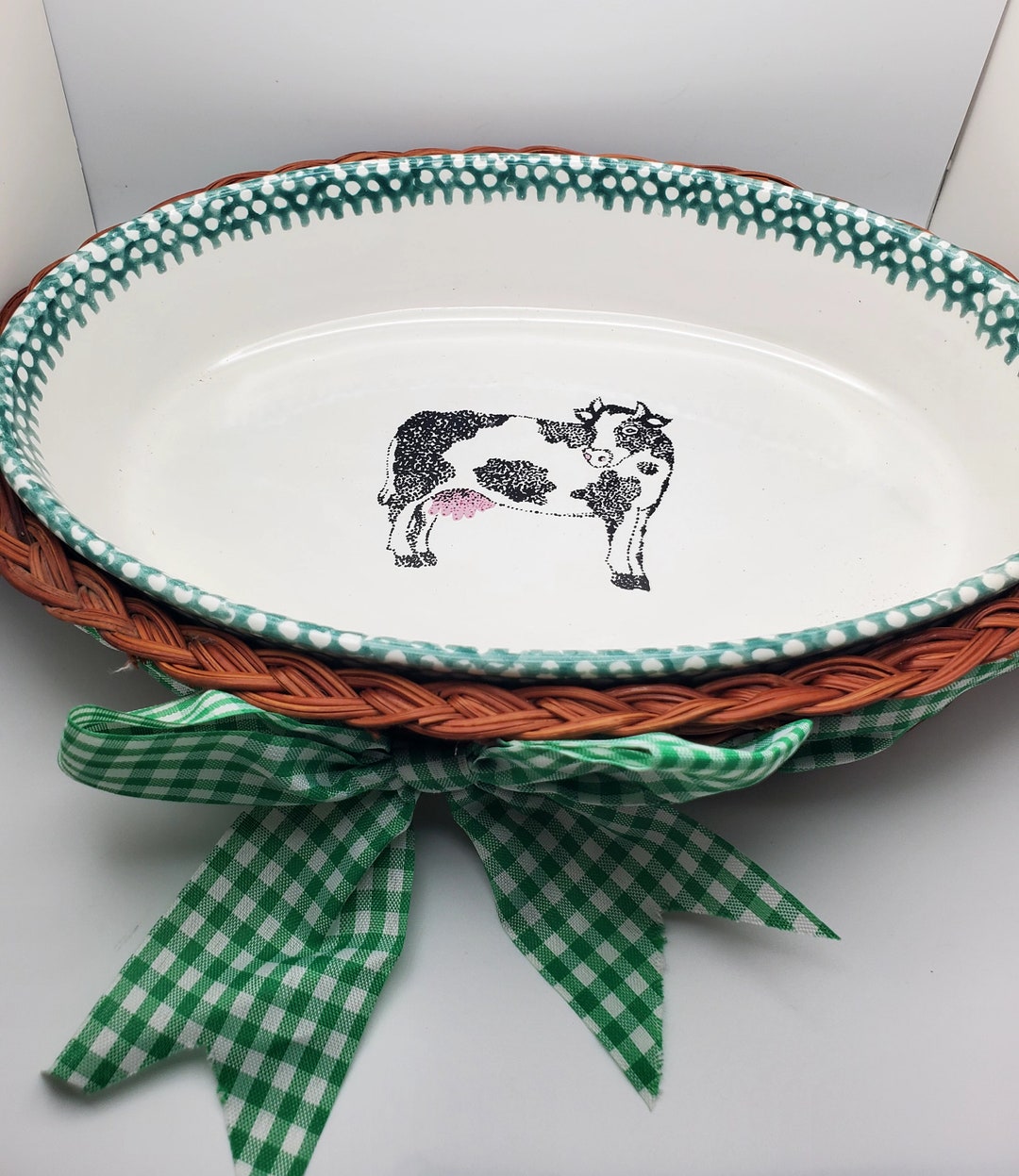 Vintage Teamson Cow Casserole W Basket Farmhouse Country Checkered 11 ...