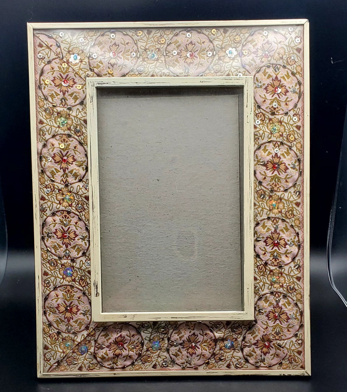 Vintage Boho 8x10 Cream Metal Frame With Pink Ribbon Sequin Border 5x7 ...