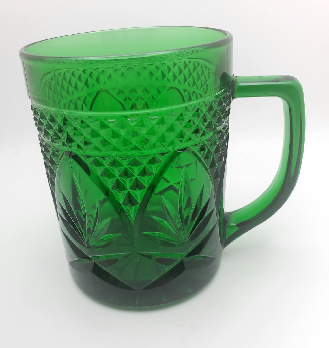 Vintage Diamond Cut Leaf Pattern Emerald Green Mugs Set of 4 Perfect ...