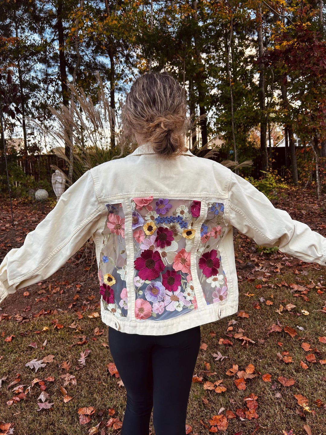 Custom Yellow Denim Jacket With Boho Lace Floral Appliques - Etsy