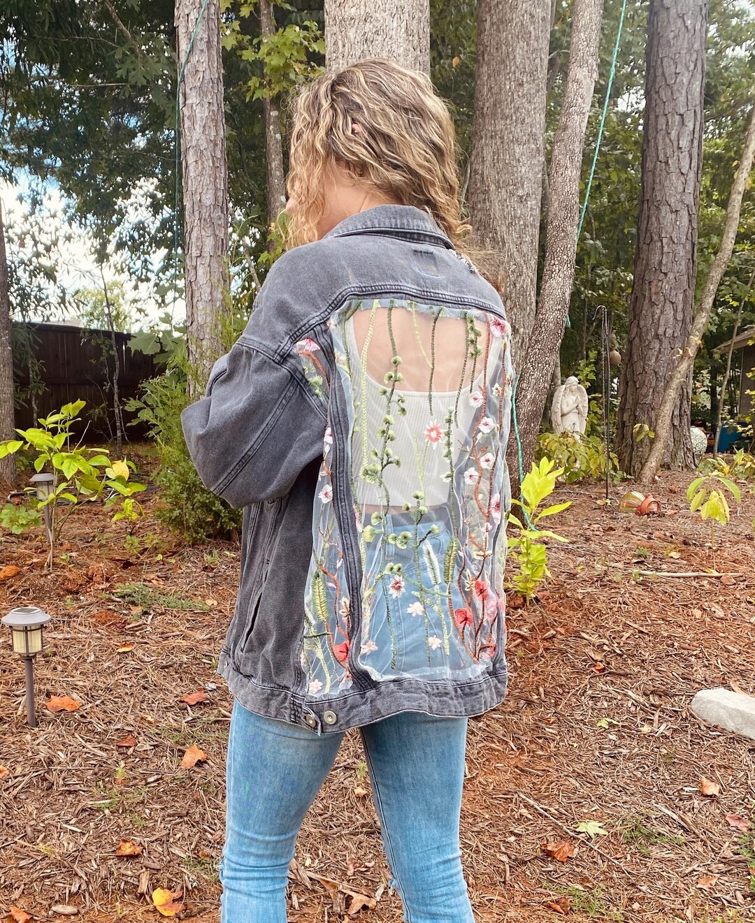 Custom Distressed Black Denim Jacket With Boho Lace Floral Appliques - Etsy