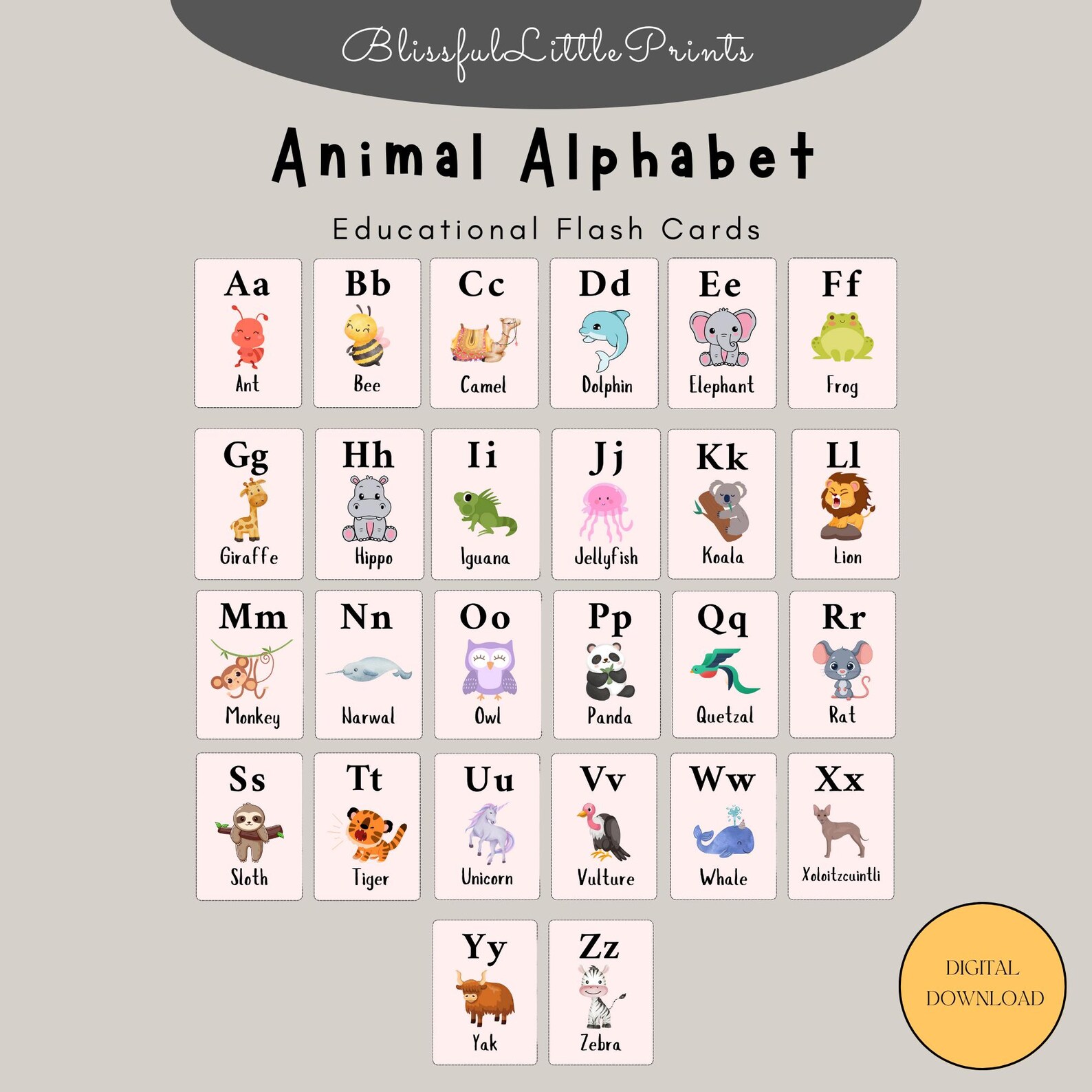 Animal Alphabet Flashcards Printable | Cute ABC Cards A-Z Educational ...