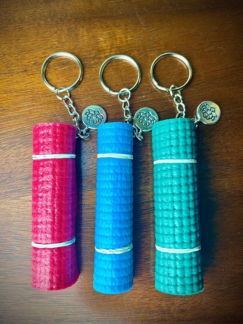 Set of 3 - Handmade Yoga Mat Ornaments/ Keychains (blue, Red, Green ...