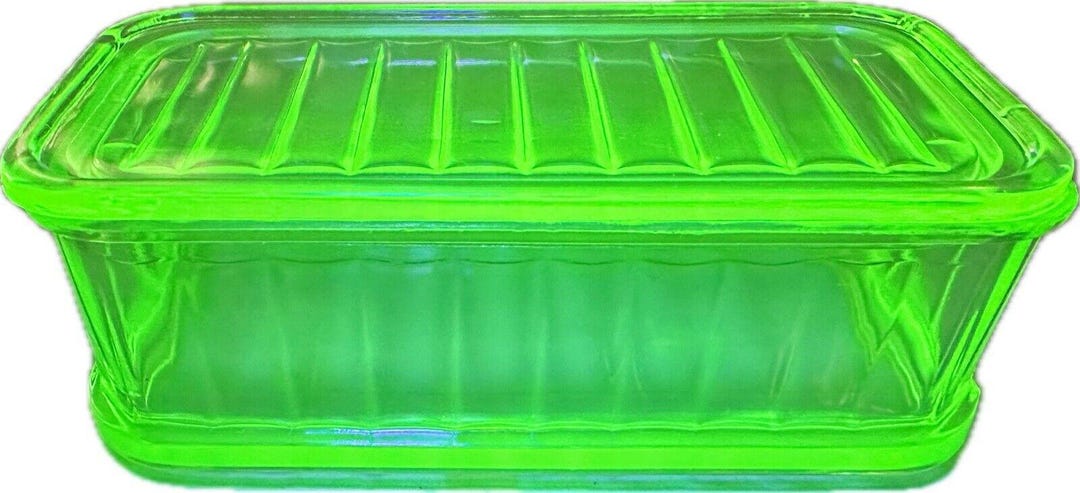 Green Uranium Vaseline Depression Glass Ribbed Refrigerator Loaf Dish W ...