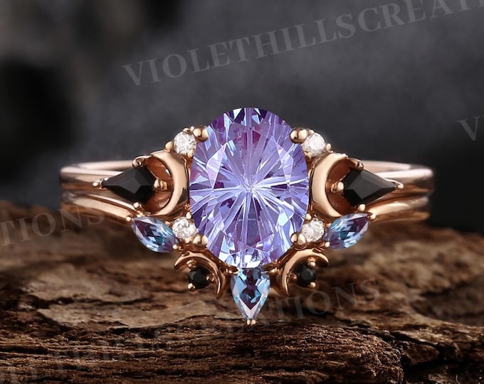 Firework Cut Alexandrite Engagement Ring Set Kite Onyx Moissanite Rings ...