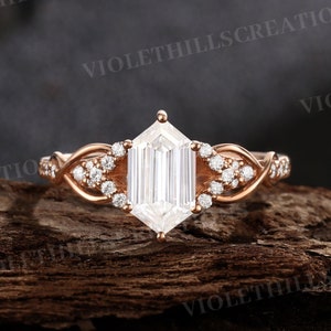 Vintage Moissanite Engagement Ring Long Hexagon Cut Ring Art Deco ...