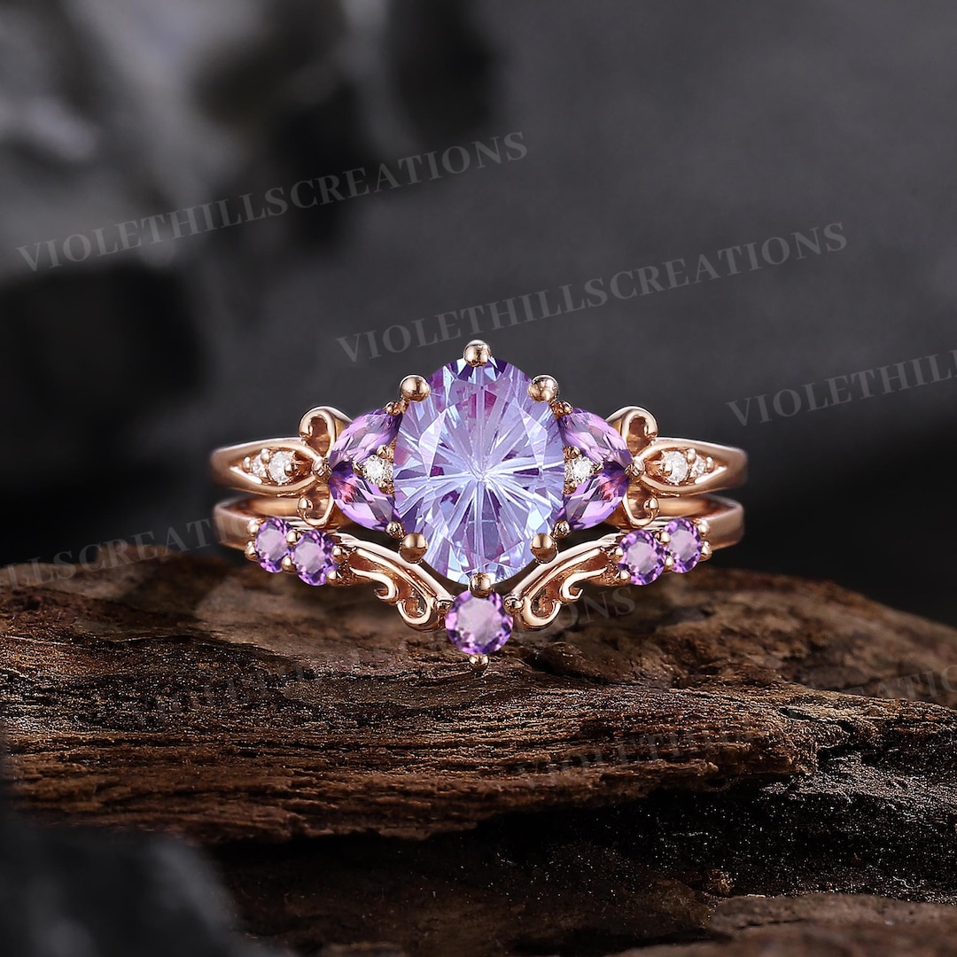 Firework Cut Alexandrite Engagement Ring Set Purple Amethyst Ring Rose ...