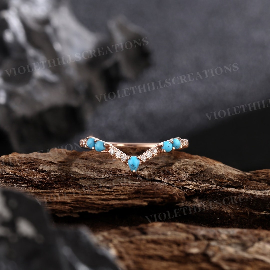 Antique Turquoise Wedding Band Pear Turquoise Stacking Ring Rose Gold Anniversary Curved Wedding ...