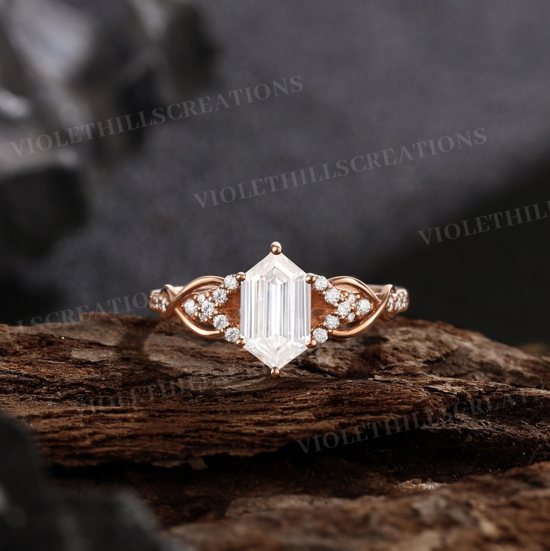 Vintage Moissanite Engagement Ring Long Hexagon Cut Ring Art Deco ...