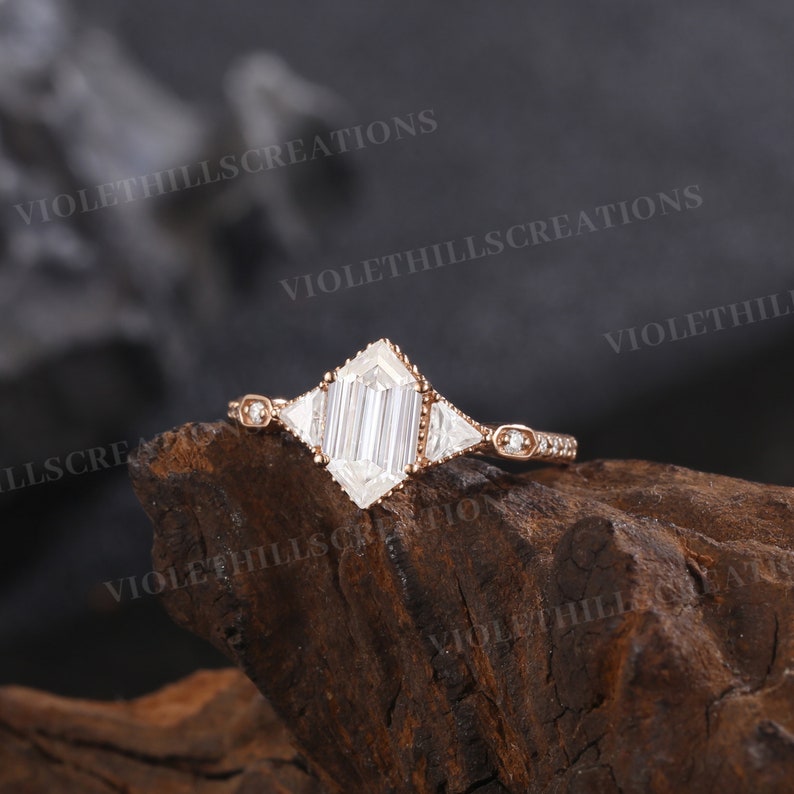 Vintage Moissanite Engagement Ring Long Hexagon Moissanite Ring Promise ...