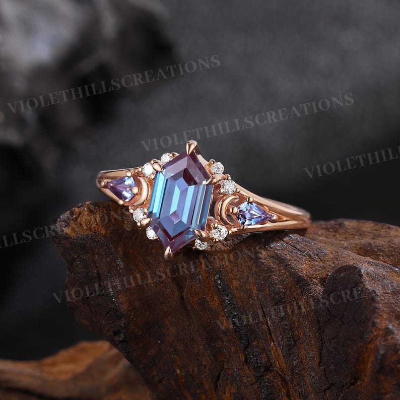 Long Hexagon Cut Alexandrite Engagement Ring Vintage Moissanite Moon ...
