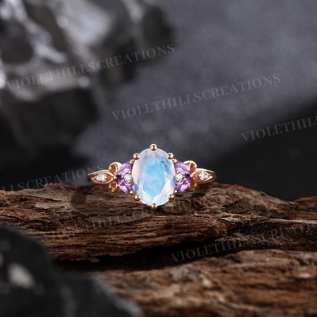 Oval Cut Moonstone Engagement Ring Purple Amethyst Ring Rose Gold Rings ...
