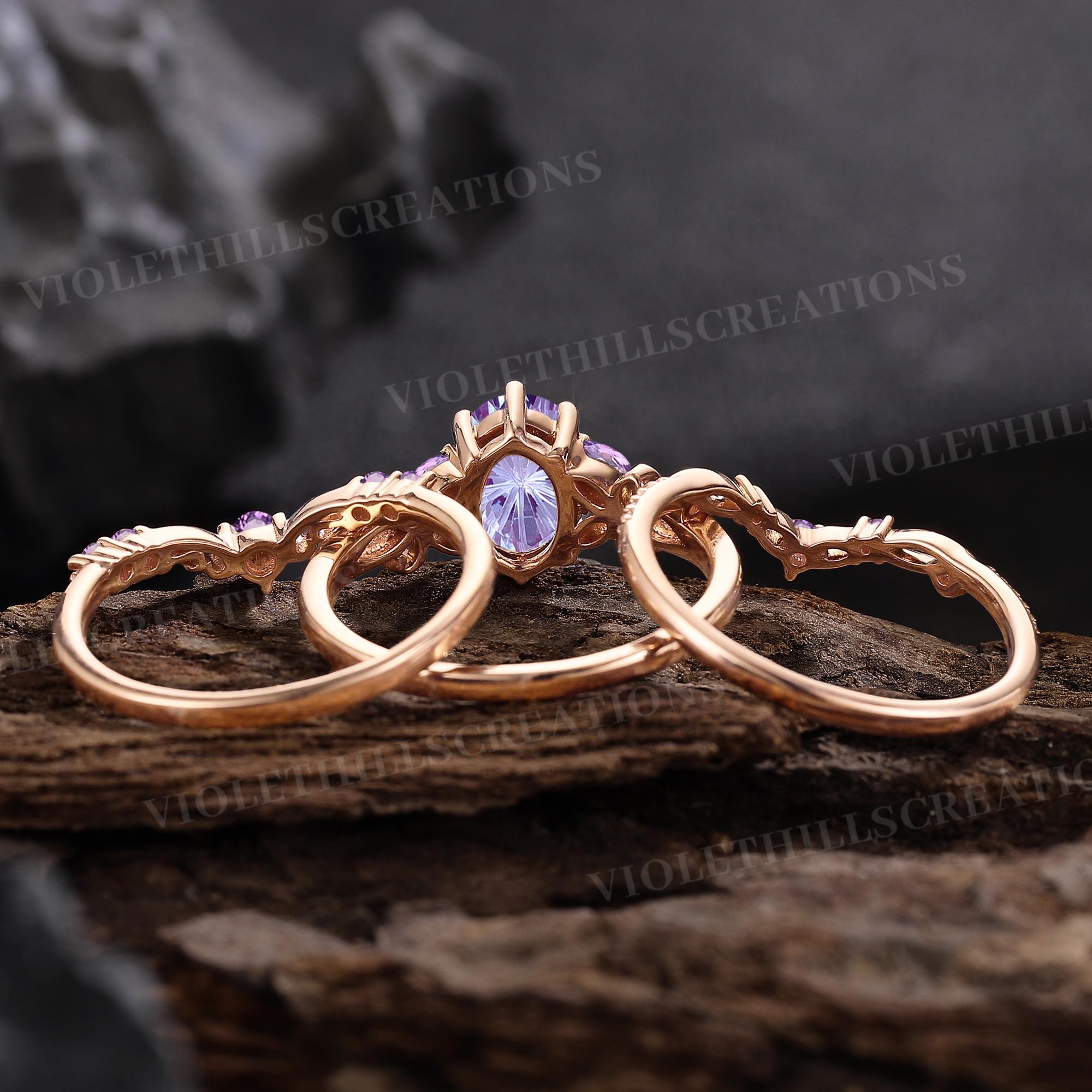 Vintage Firework Cut Alexandrite Engagement Ring Set Purple Amethyst ...