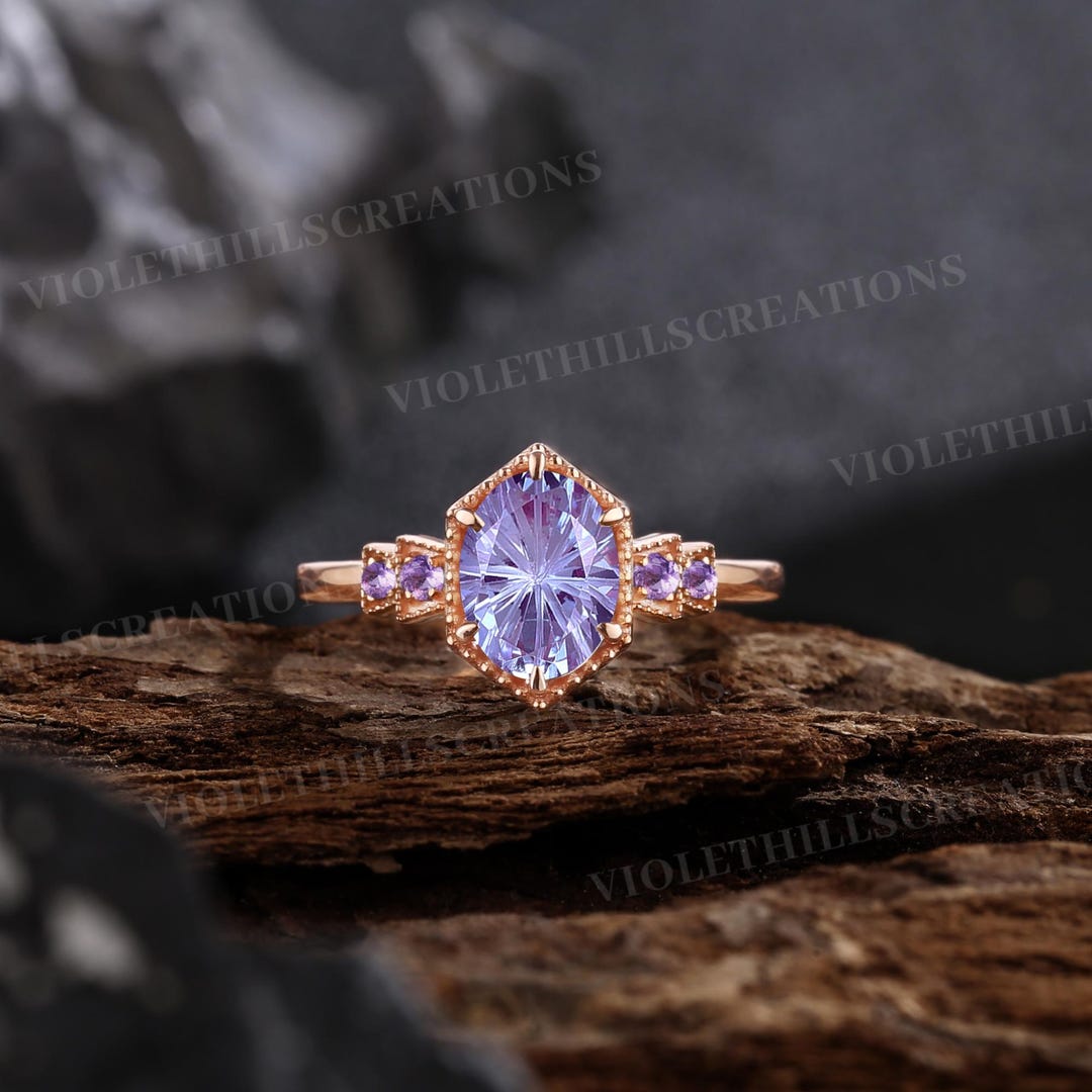 Vintage Oval Firework Cut Alexandrite Engagement Ring Amethyst Wedding ...
