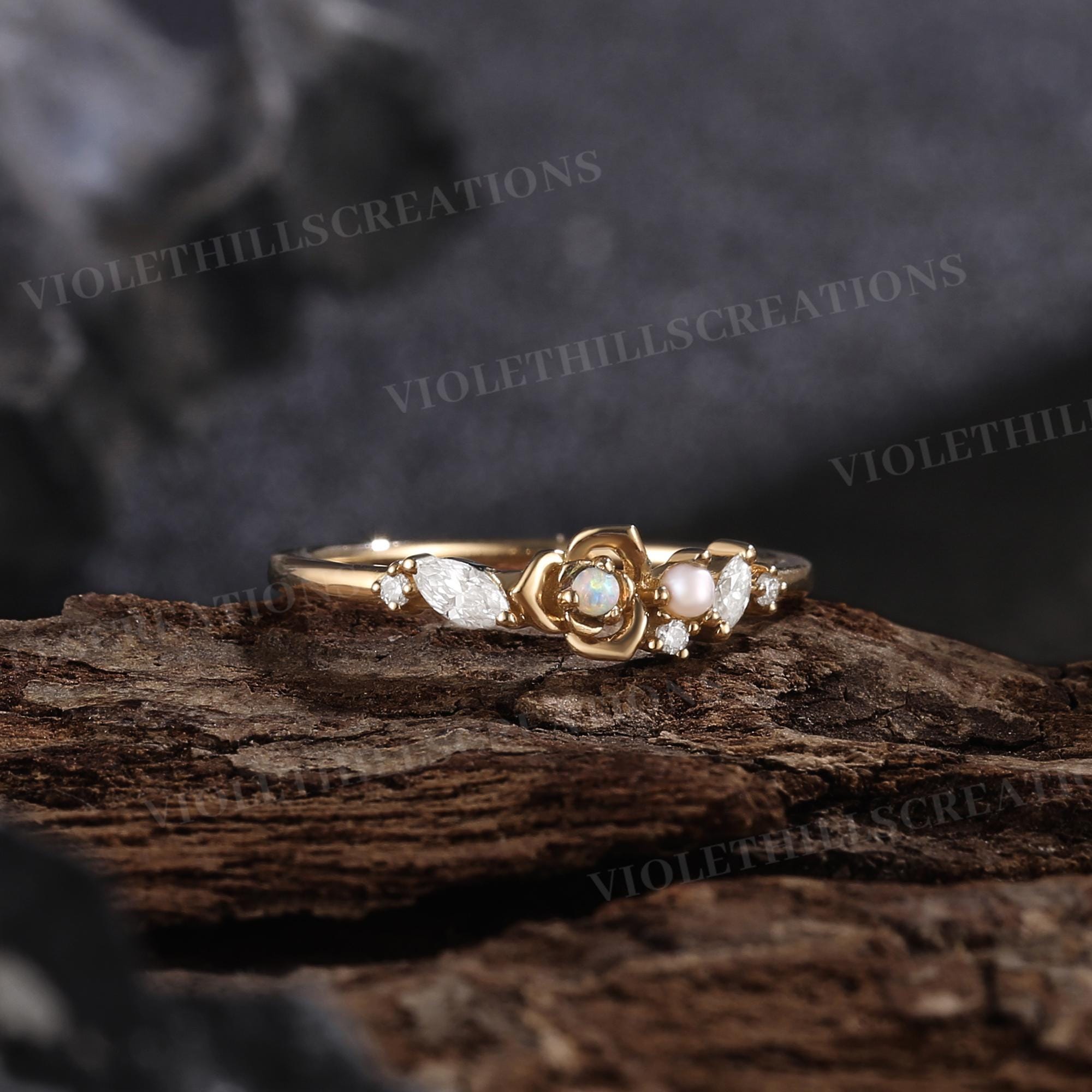 Dainty Opal Ring Solid Gold Pearl Ring Moissanite Wedding Bands Women ...