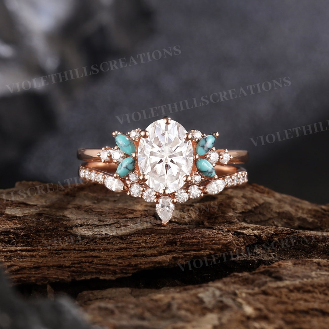 Oval Cut Moissanite Engagement Ring Set Marquise Cut Turquoise Ring ...