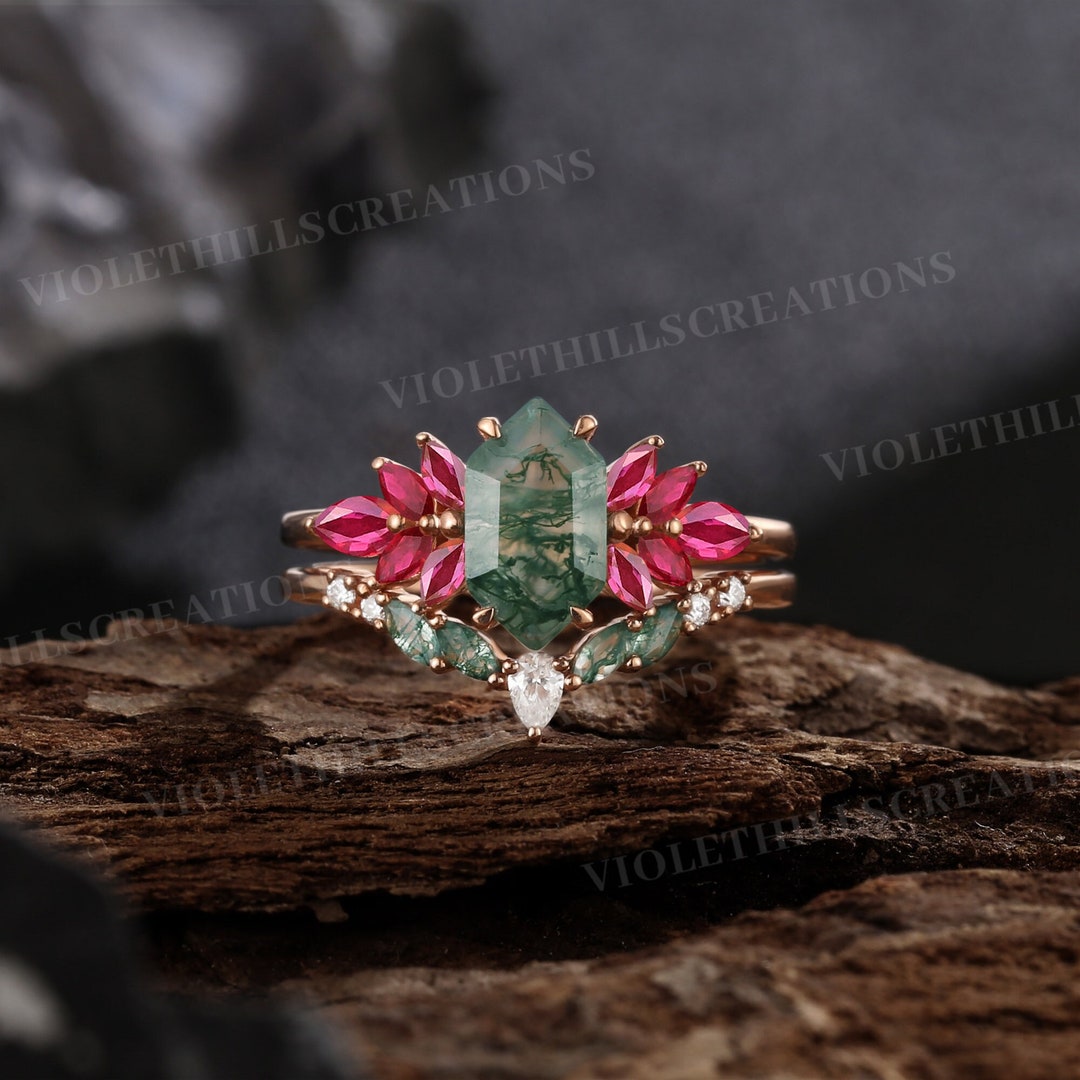 Long Hexagon Moss Agate Engagement Ring Set Unique Marquise Ruby Ring ...