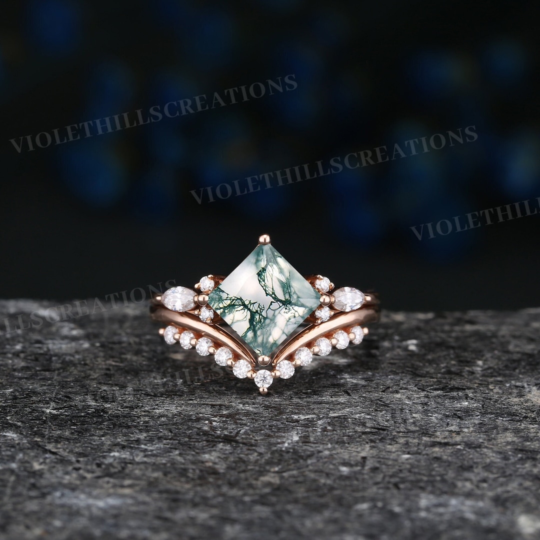 Princess Cut Moss Agate Engagement Rings Round Moissanite - Etsy