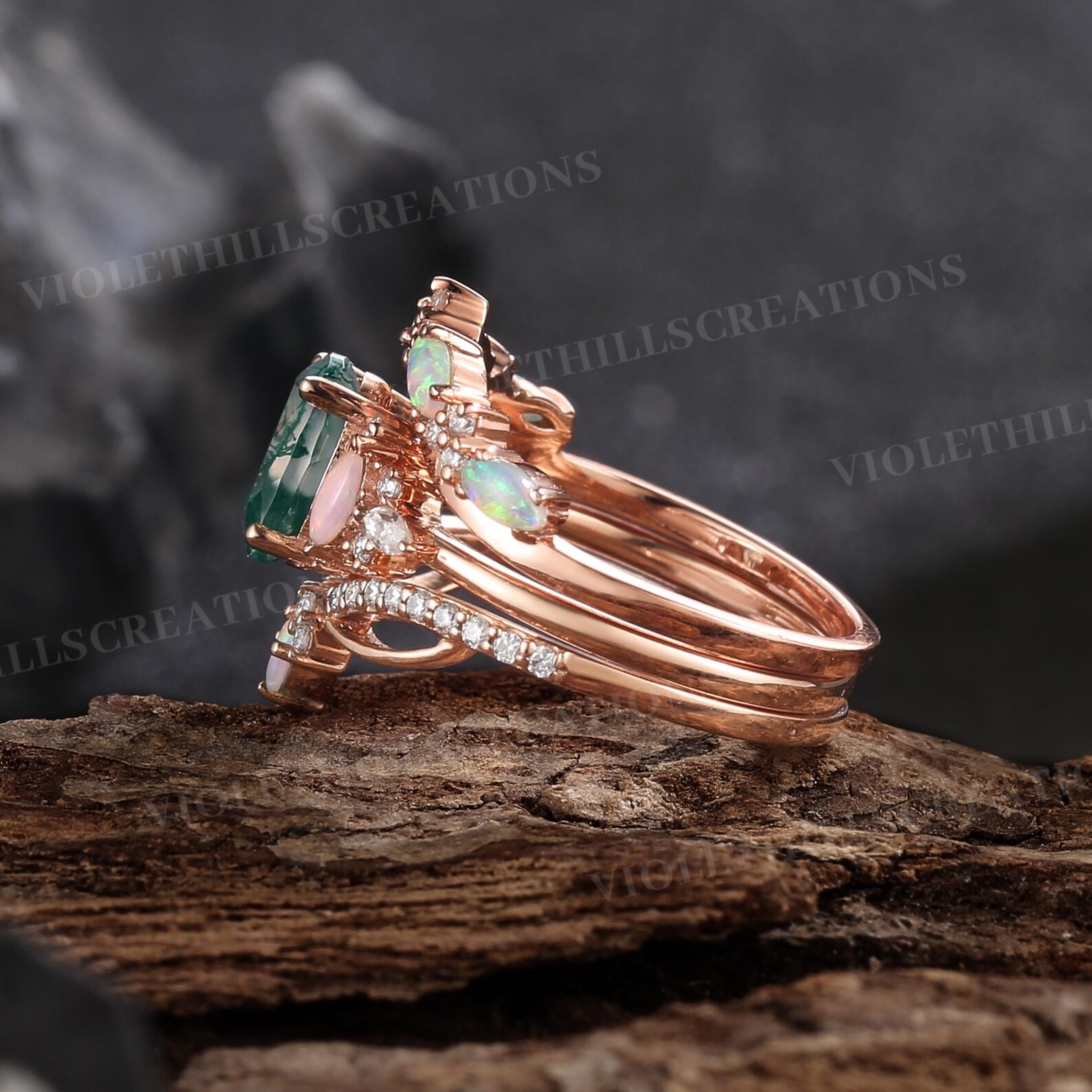 Oval Moss Agate Engagement Ring Set Opal Moissanite Cluster Promise ...