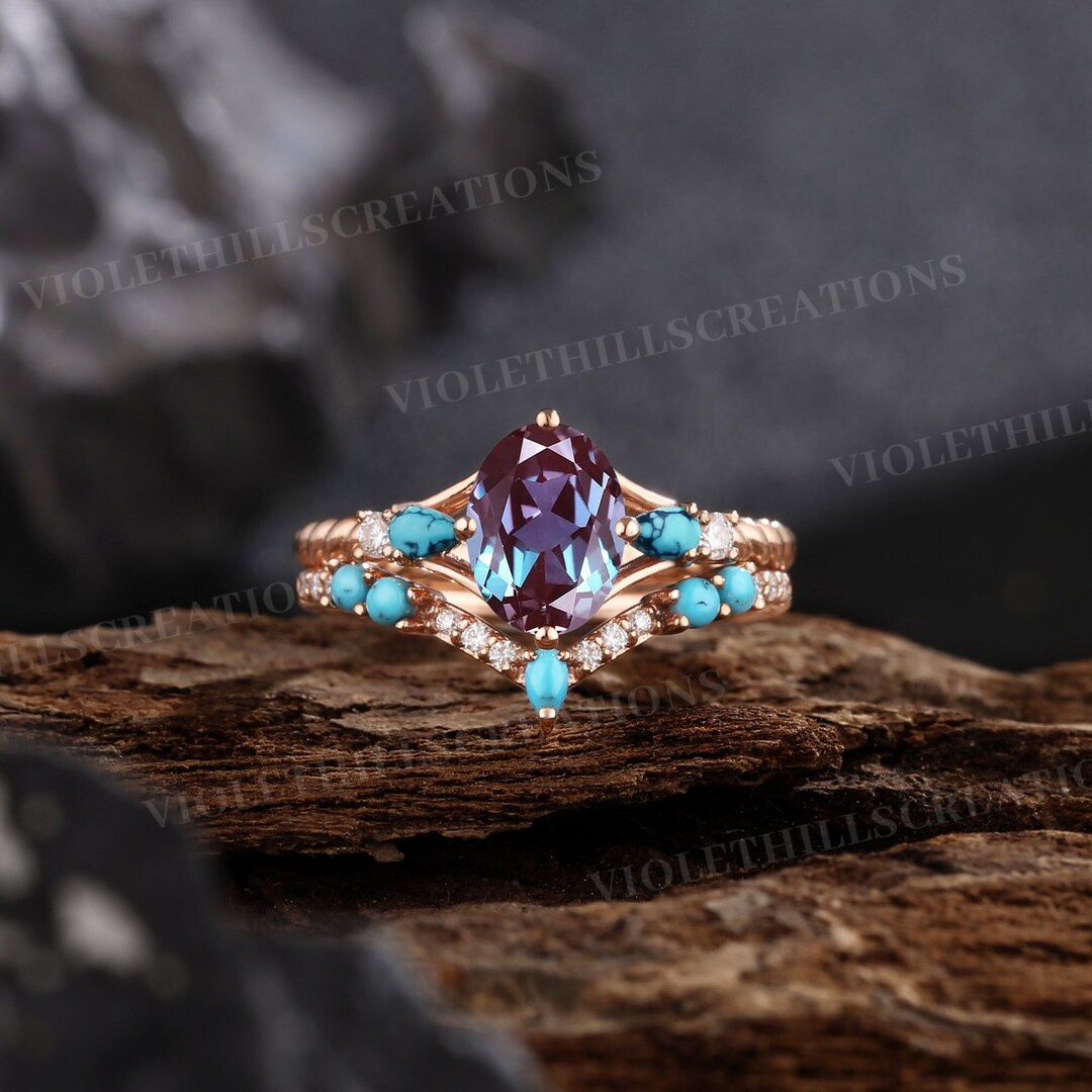 Oval Alexandrite Engagement Ring Set Vintage Pear Cut Turquoise Ring ...