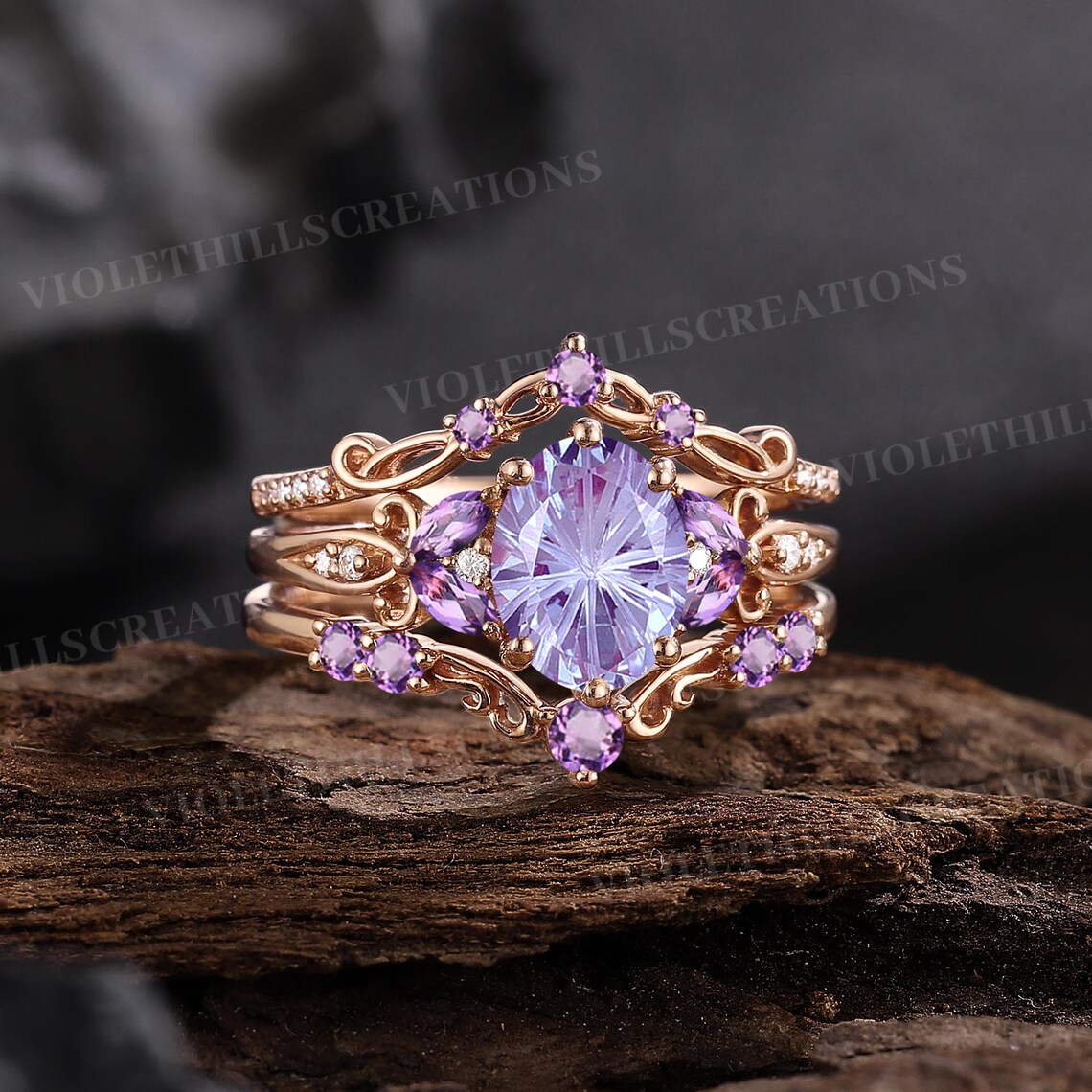 Vintage Firework Cut Alexandrite Engagement Ring Set Purple Amethyst ...