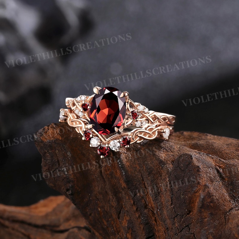 Vintage Oval Garnet Engagement Ring Set Unique Celtic Knot Ring ...
