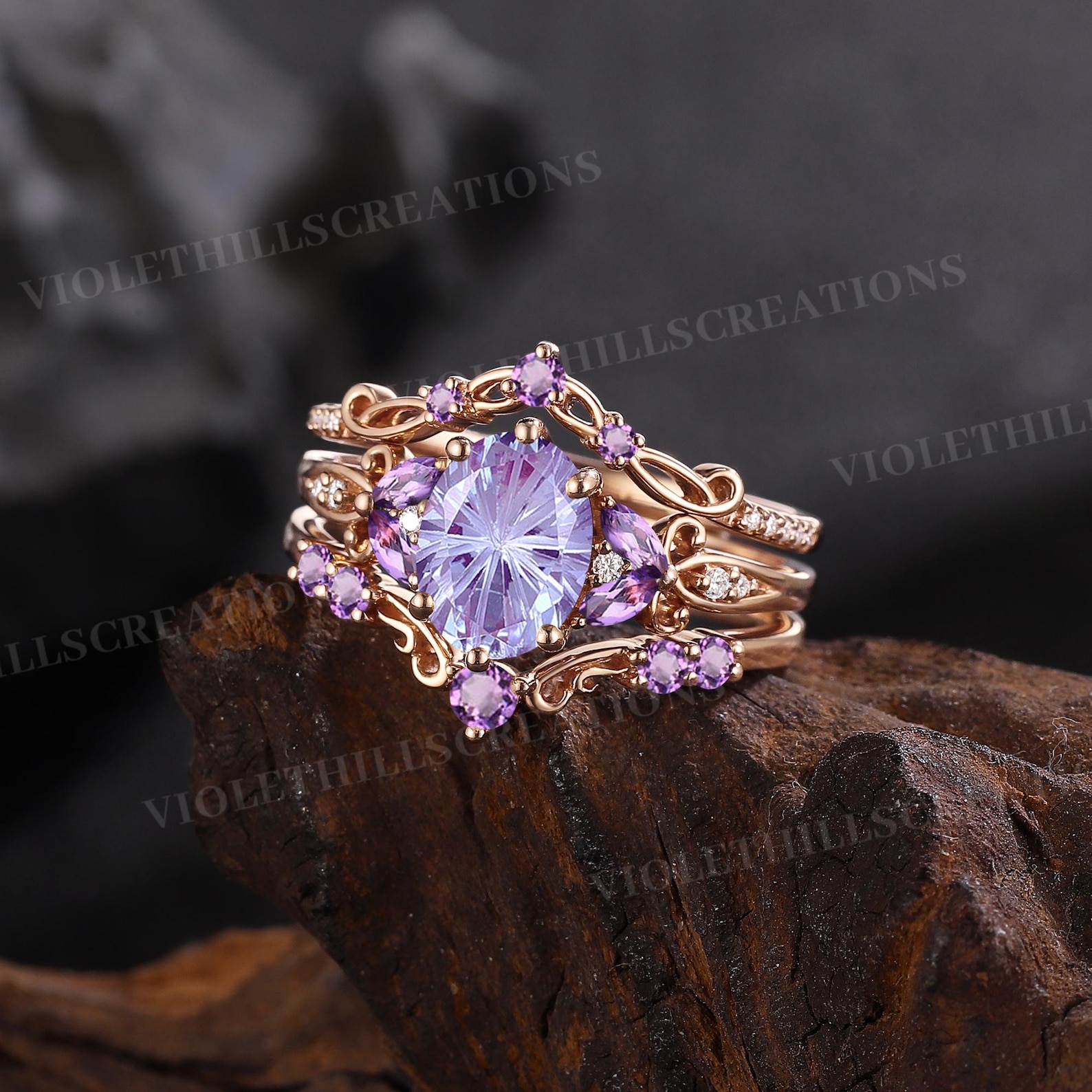 Vintage Firework Cut Alexandrite Engagement Ring Set Purple Amethyst ...