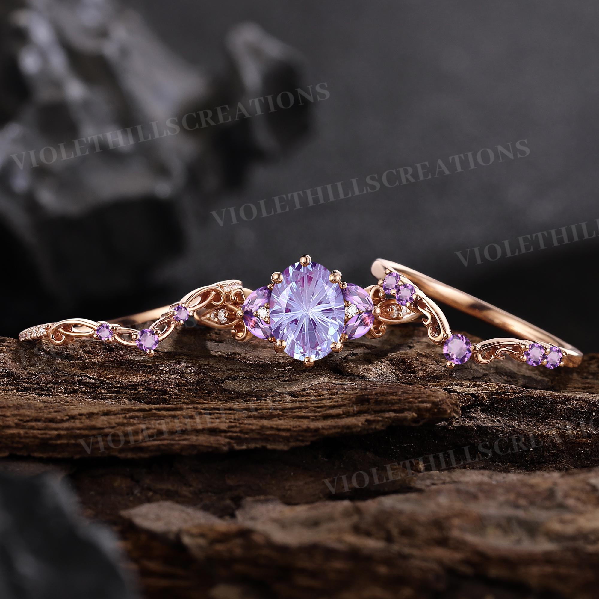 Vintage Firework Cut Alexandrite Engagement Ring Set Purple Amethyst ...
