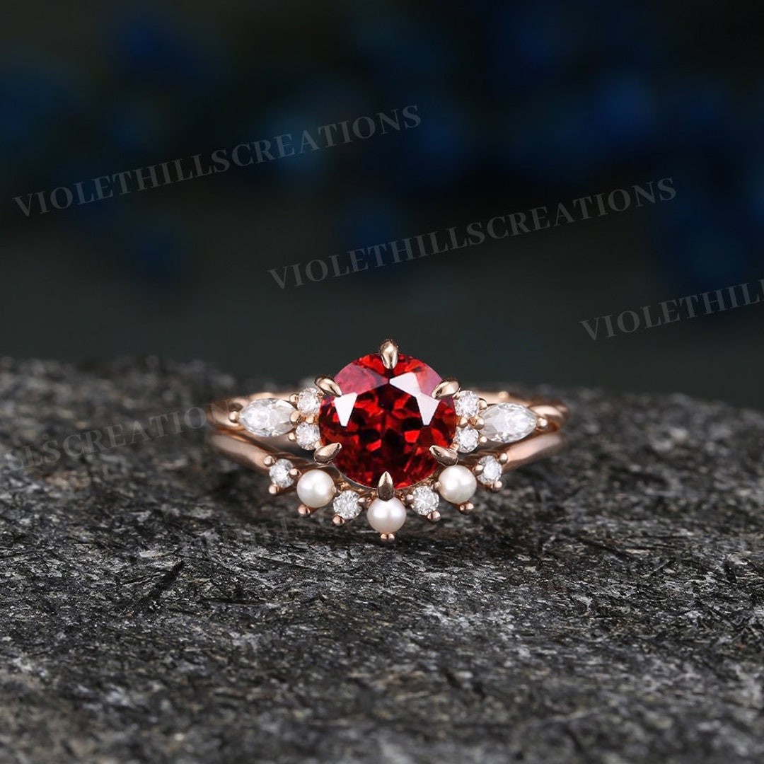 Vintage Round Garnet Wedding Ring Set 14k Gold Red Gemstone - Etsy