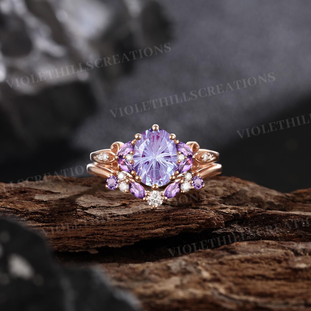 Firework Cut Alexandrite Engagement Ring Set Purple Amethyst Ring Oval ...
