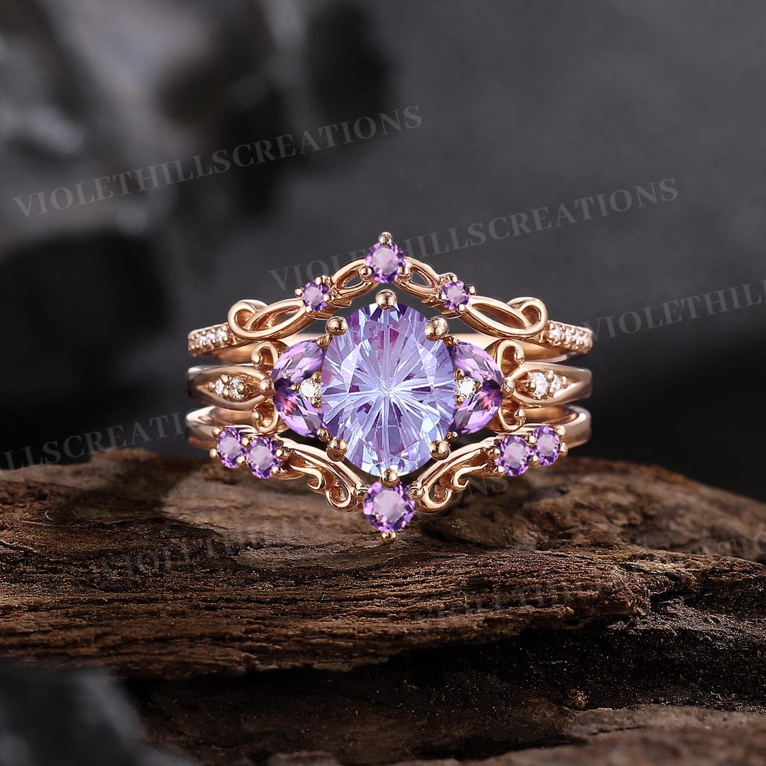 Vintage Firework Cut Alexandrite Engagement Ring Set Purple Amethyst ...
