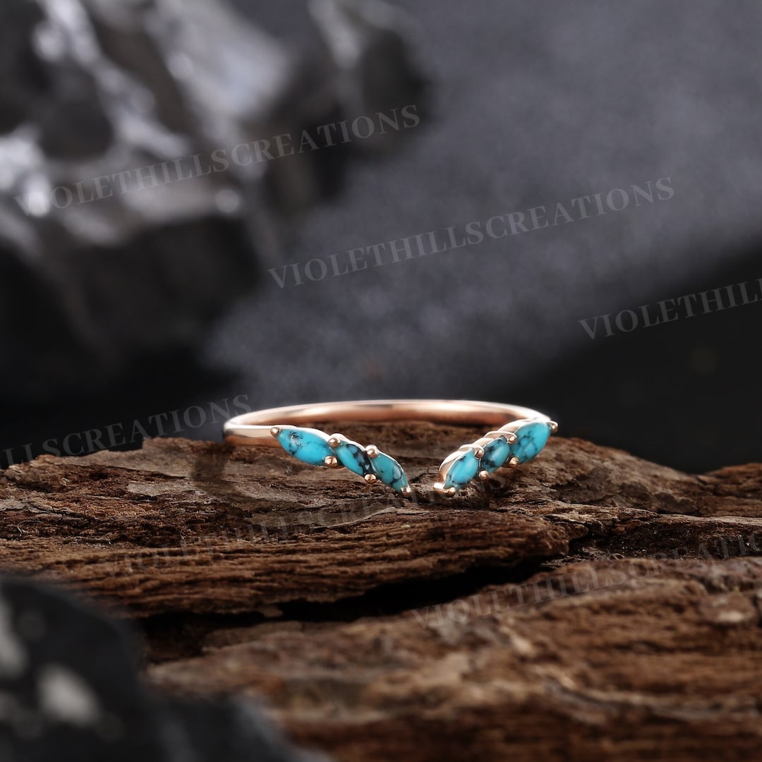 Marquise Cut Turquoise Wedding Band Vintage Curved Open Wedding Band ...