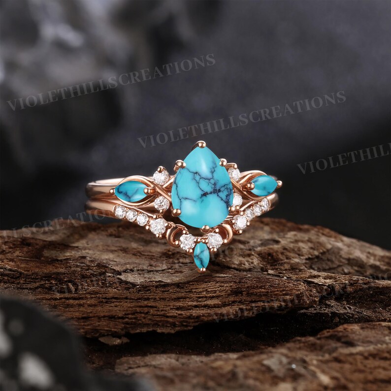 Pear Turquoise Engagement Ring Set Vintage Marquise Cut Turquoise Ring ...