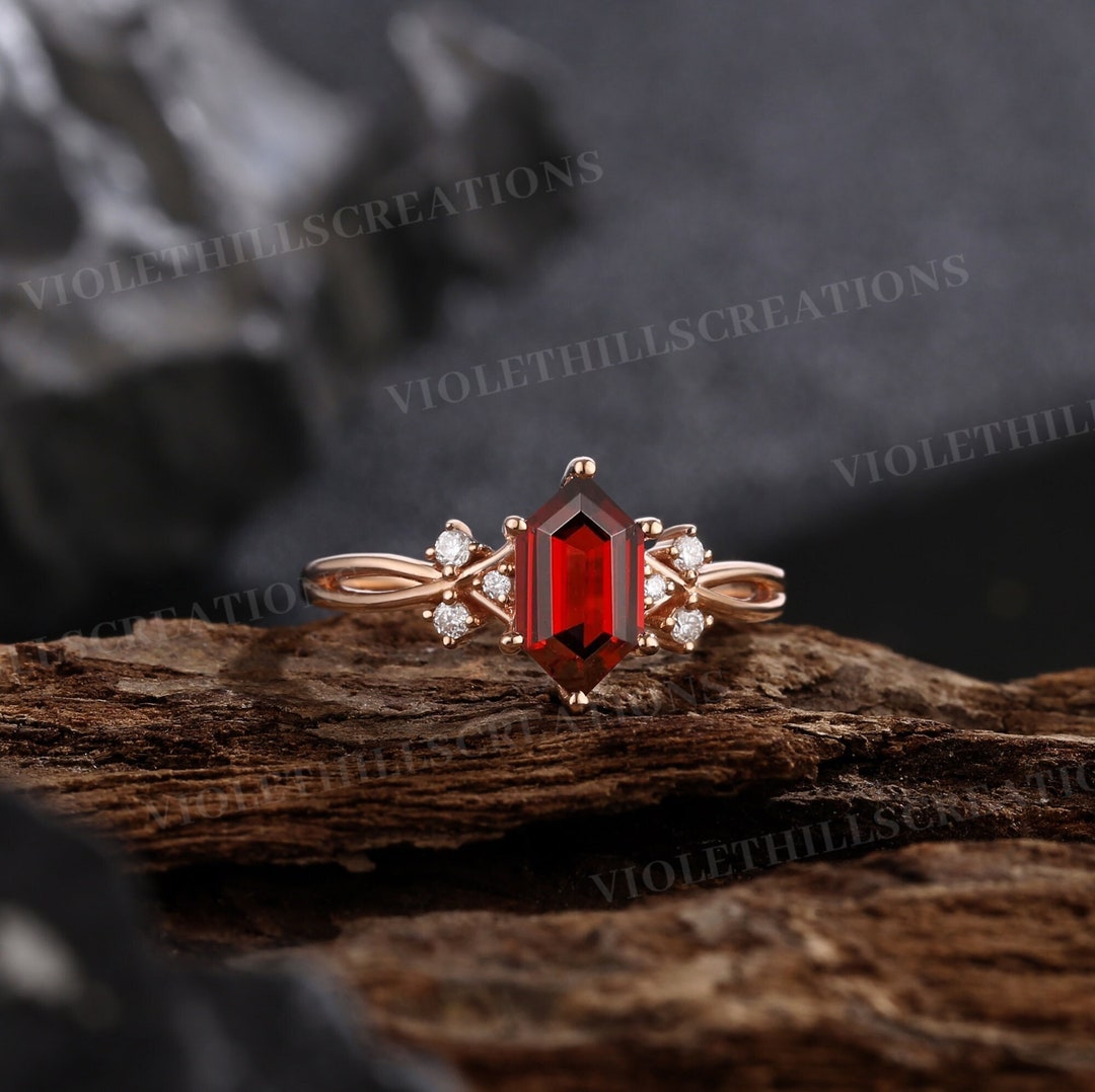 Vintage Garnet Wedding Ring Long Hexagon Ruby Engagement Ring Moissanite Promise Bridal Rings ...