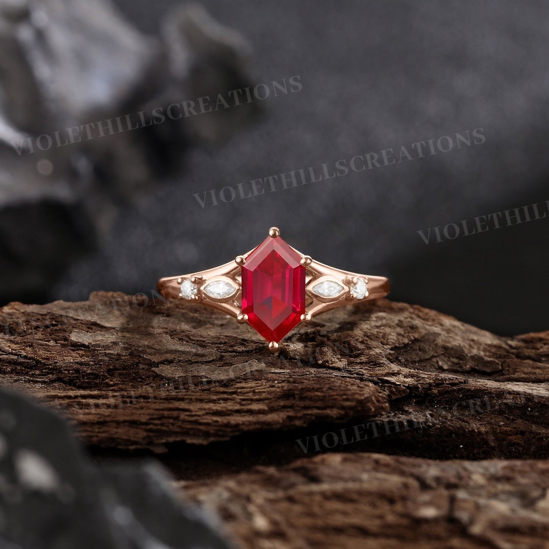 Elongated Hexagon Cut Ruby Engagement Ring Marquise Round Moissanite ...