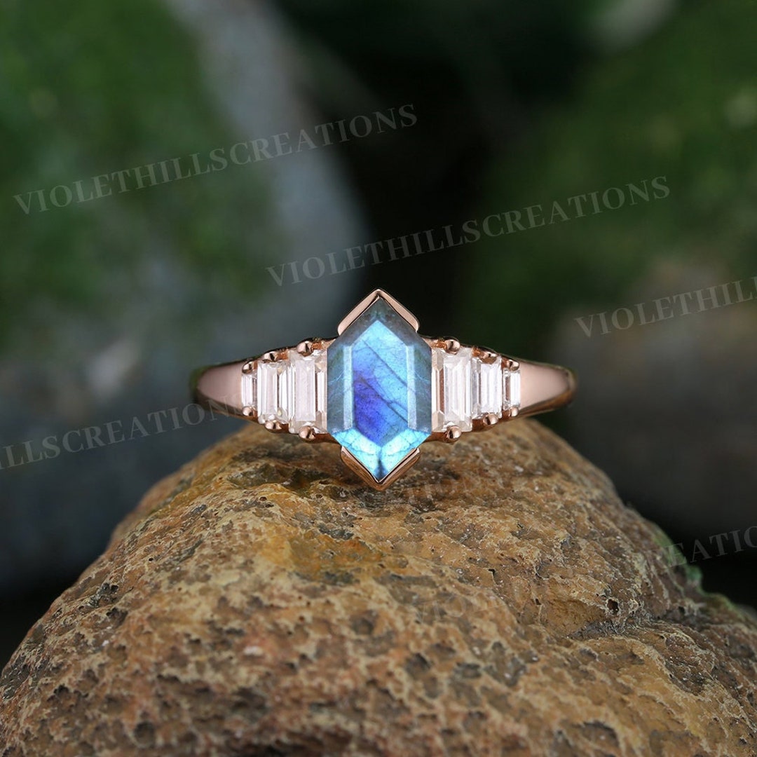 Hexagon Labradorite Wedding Rings Vintage Blue Labradorite Engagement ...