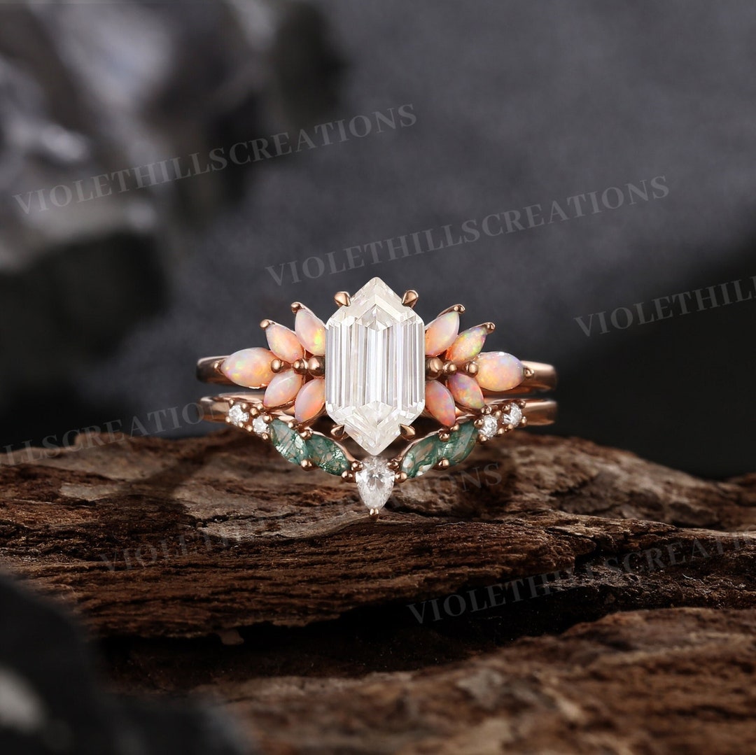 Long Hexagon Moissanite Engagement Ring Set Cluster Natural Opal Ring ...