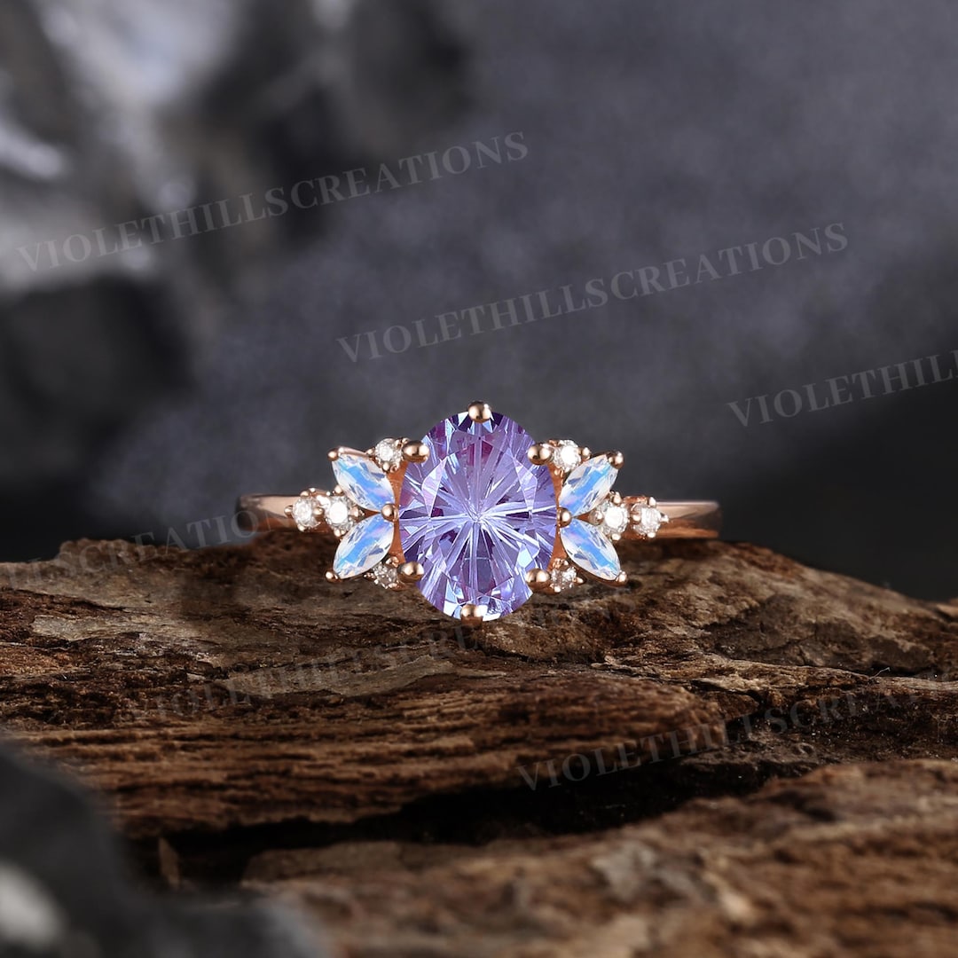 Fireworks Cut Alexandrite Engagement Ring Moissanite Moonstone Ring ...
