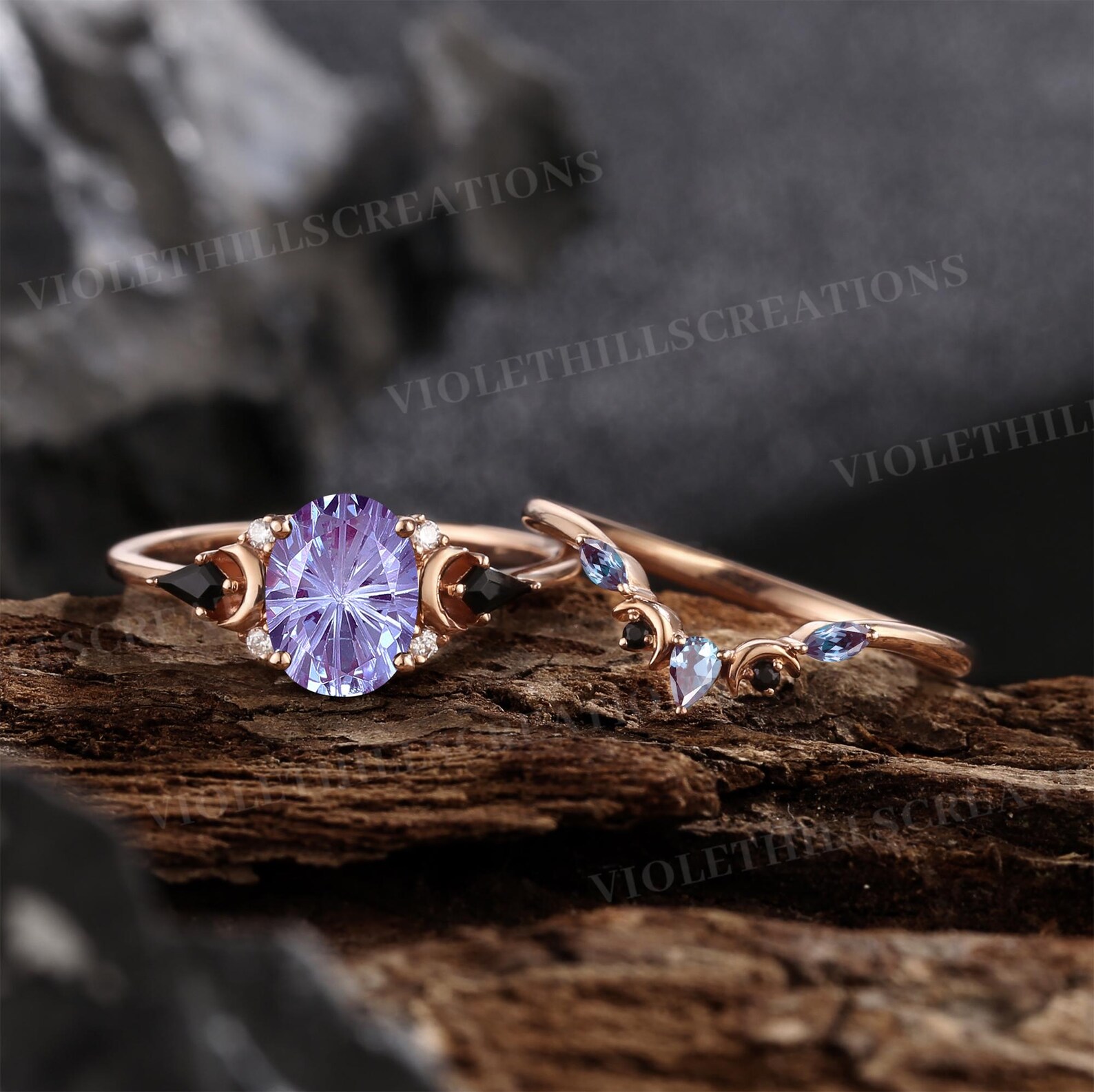 Firework Cut Alexandrite Engagement Ring Set Kite Onyx Moissanite Rings ...