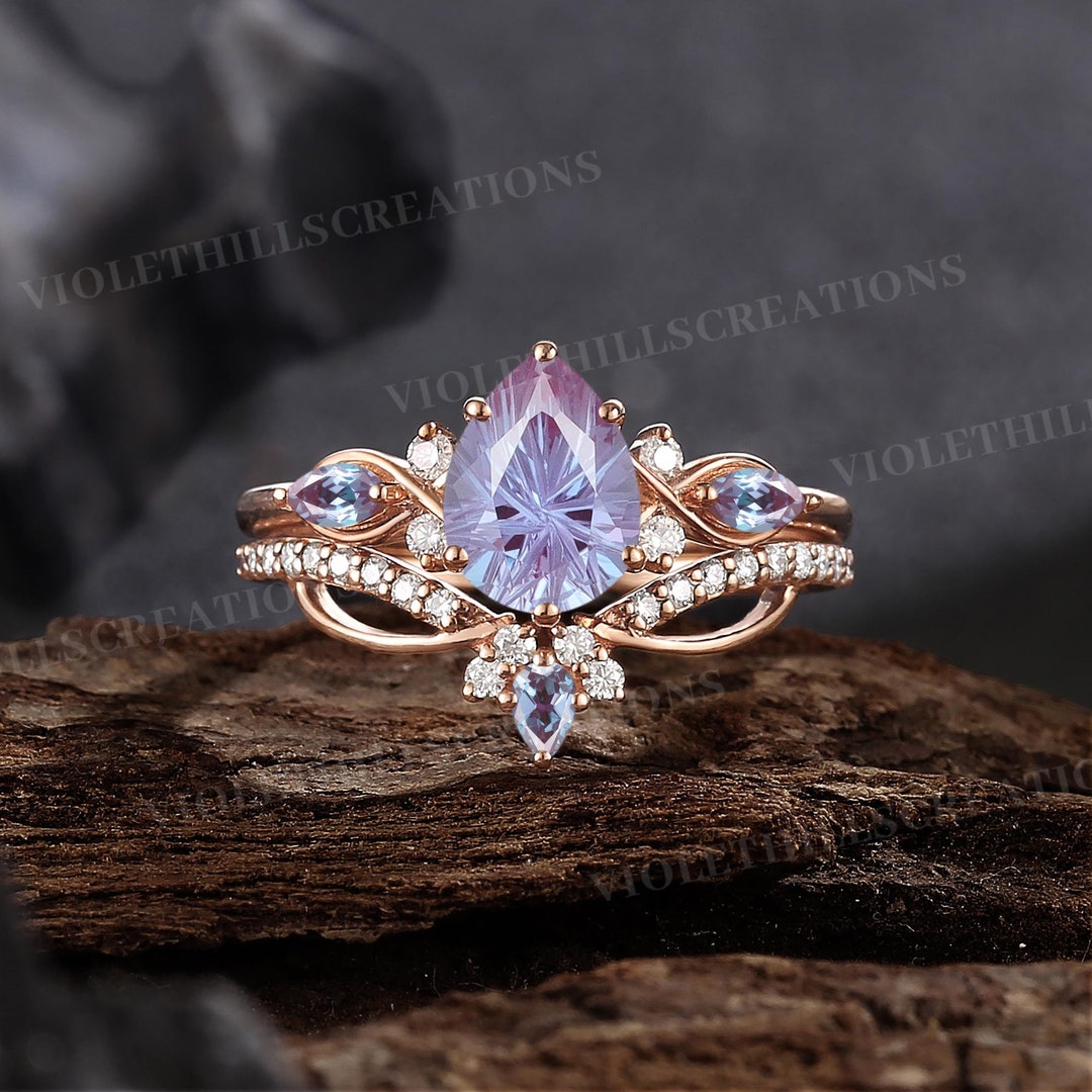 Fireworks Cut Alexandrite Engagement Ring Set Vintage Marquise Cut ...
