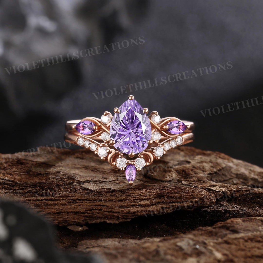 Firework Cut Purple Sapphire Engagement Ring Set Gold Pear Sapphire ...