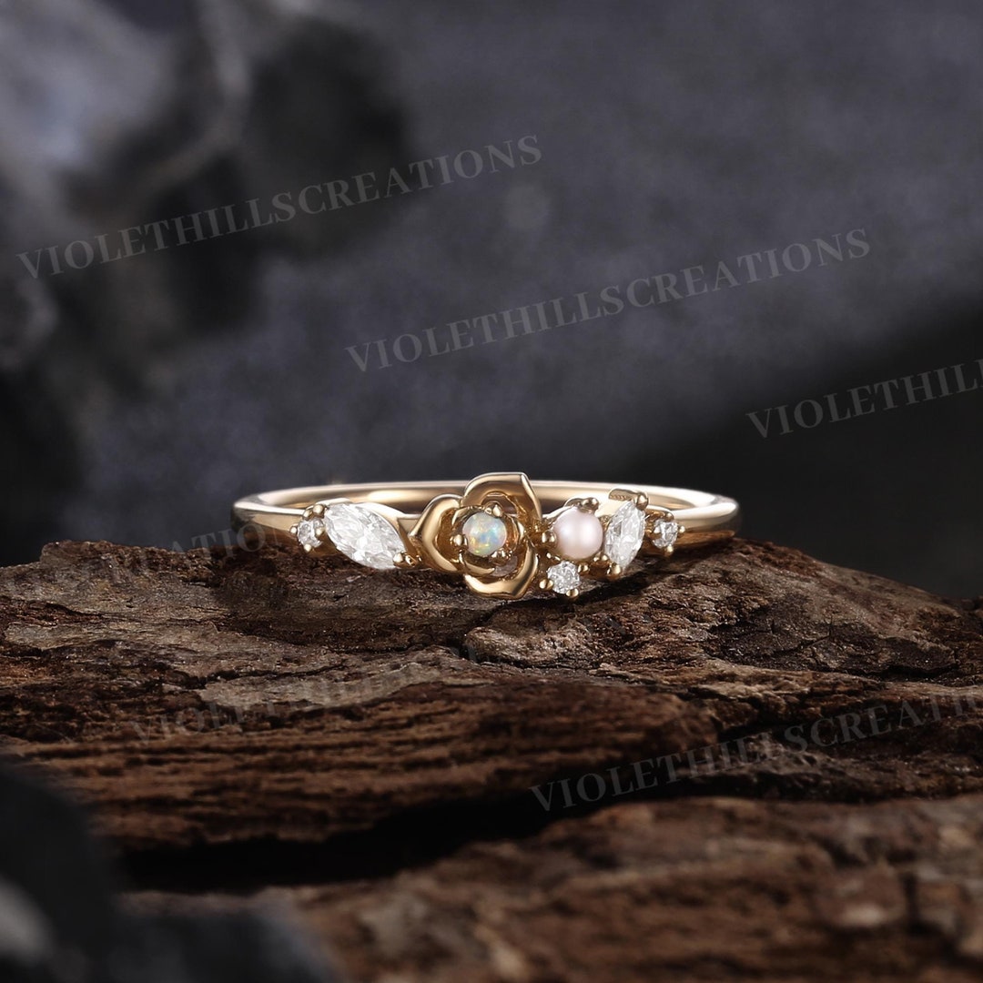 Dainty Opal Ring Solid Gold Pearl Ring Moissanite Wedding Bands Women ...