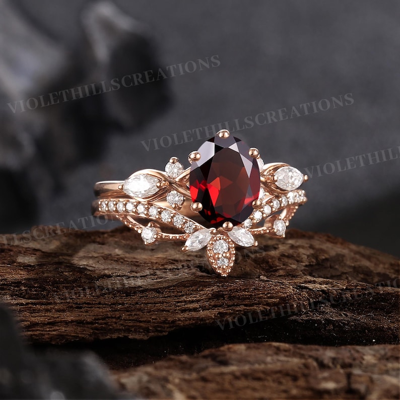 Oval Garnet Engagement Ring Set Moissanite Wedding Ring Rose Gold Rings ...