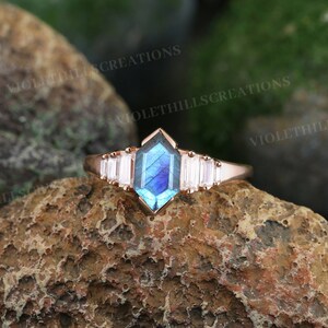 Hexagon Labradorite Wedding Rings Vintage Blue Labradorite Engagement ...