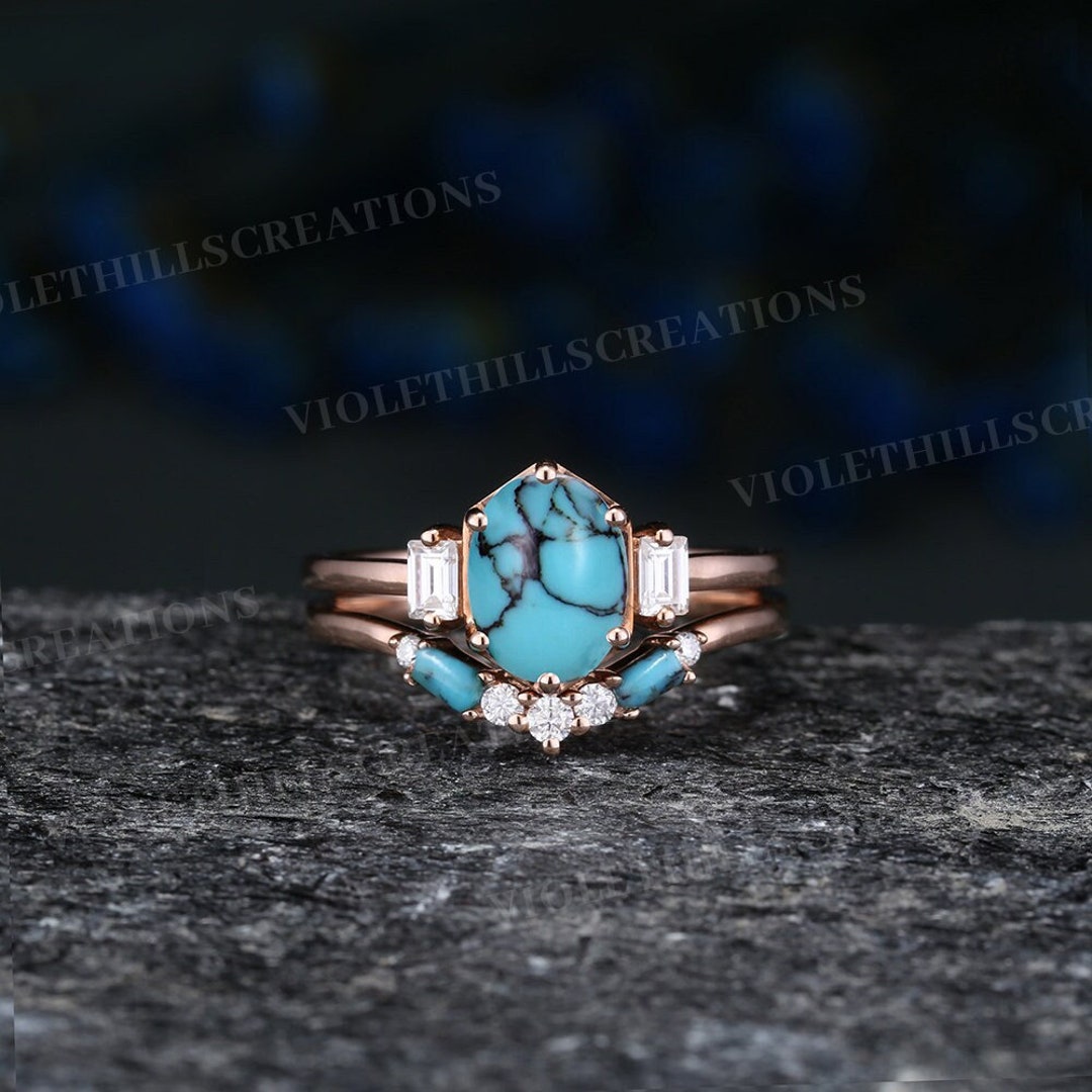 Vintage Turquoise Wedding Ring Set Antique Oval Turquoise Engagement ...