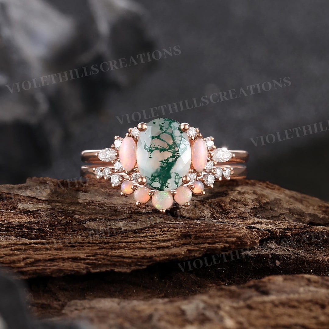 Oval Cut Moss Agate Engagement Ring Set Natural Opal Cluster Agate Ring ...